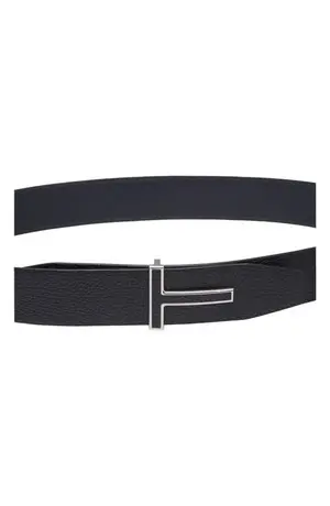 TOM FORD Logo Grained Leather Belt - Dark Navy