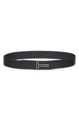 TOM FORD TOM FORD Logo Grained Leather Belt Dark Navy