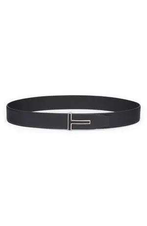 TOM FORD Logo Grained Leather Belt - Dark Navy