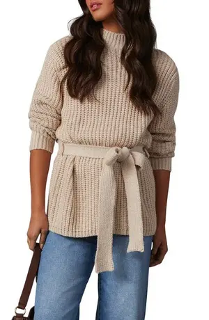 VICI Wixson Rib Belted Mock Neck Sweater - Ecru