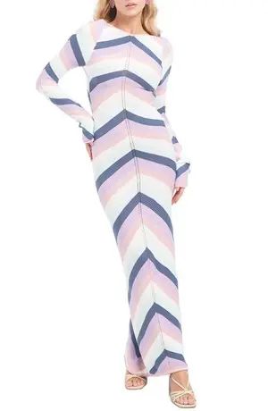 CAPITTANA Piper Long Sleeve Chevron Crochet Cover-up Sweater Dress - Multicolor White