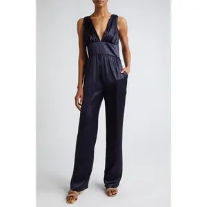 Eleventy Plunge Neck Silk Charmeuse Jumpsuit