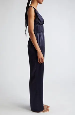 Eleventy Plunge Neck Silk Charmeuse Jumpsuit