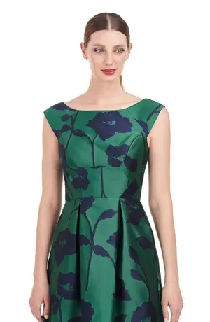 Kay Unger Jenni Floral Jacquard A-Line Dress In Emerald/Navy - 44% Off