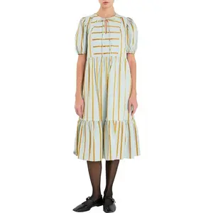 English Factory Stripe Puff Sleeve Midi Dress