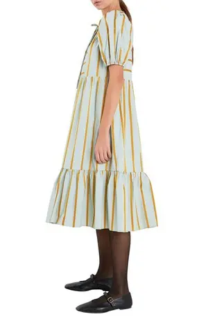 English Factory Stripe Puff Sleeve Midi Dress