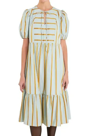 English Factory Stripe Puff Sleeve Midi Dress