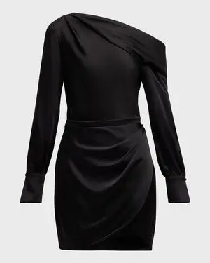 Simkhai Cameron One-shoulder Wrap-skirt Satin Mini Dress - Black
