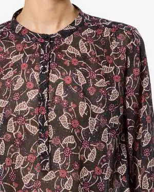 ETOILE Maria Printed Cotton Voile Blouse - Black/raspberry
