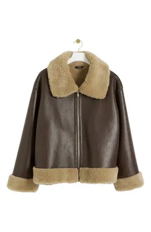 RIVER ISLAND Faux Leather & Faux Shearling Reversible Aviator Jacket