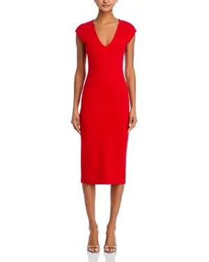 Aqua V-neck Ponte Midi Dress - Red