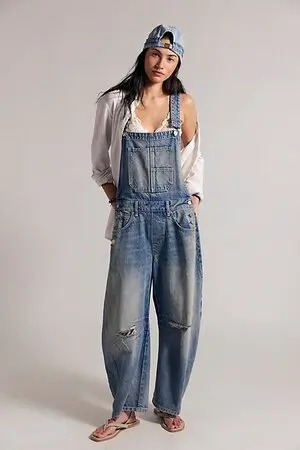 Free People We The Free Good Luck Barrel Overalls - Distant Oceans