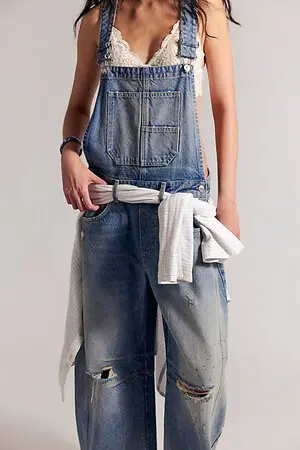 Free People We The Free Good Luck Barrel Overalls - Distant Oceans