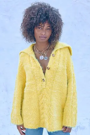 Free People Collared Cable Knit Sweater Yellow