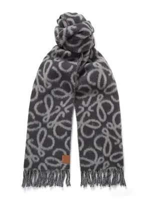 Loewe Anagram Logo-appliquéd Fringed Logo-print Knitted Scarf - Gray