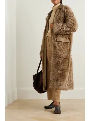 TOTEME Net Sustain Leather-trimmed Shearling Overcoat