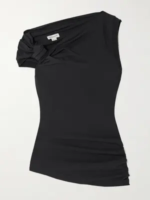 Alexander McQueen Asymmetric Bow-detailed Embroidered Stretch-cotton Jersey Top