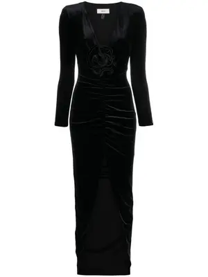 NISSA Floral-detail Velvet Maxi Dress - Black