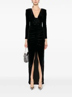 NISSA Floral-detail Velvet Maxi Dress - Black