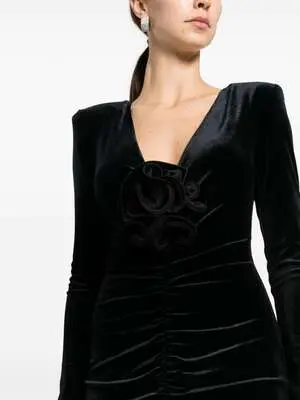 NISSA Floral-detail Velvet Maxi Dress - Black
