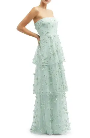 Dessy Collection Sequin Embroidered Strapless Tiered Gown