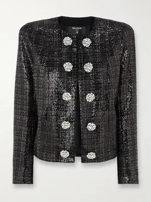 Balmain Crystal-embellished Sequined Tweed Jacket - Black