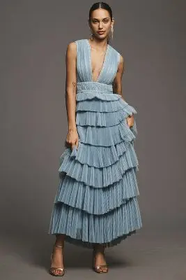 chinese dress ladies Berylove Women Navy Prom Dress with Slit Tulle A Line Spaghetti Straps Long Tiered Pleated Party Dress, Navy / US4