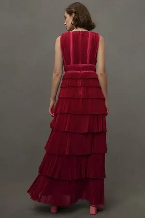 HUTCH Charley Deep-v Pleated Tiered Maxi Dress