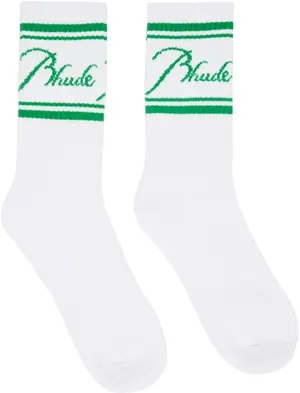 Rhude Rhude White & Green Script Socks - White/green
