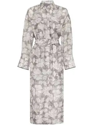 Brunello Cucinelli Leaf-print Belted Midi Dress