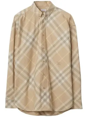 Burberry Check-motif Embroidered-logo Shirt - Neutrals