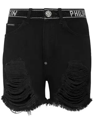 Philipp Plein Crystal-embellished Denim Shorts - Black