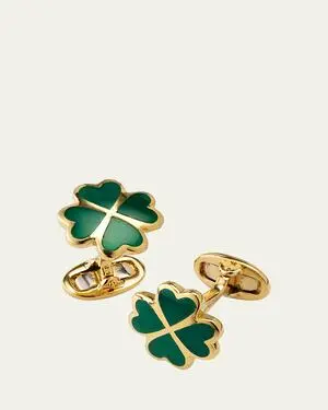 JAN LESLIE Gold Vermeil And Onyx Four Leaf Clover Cufflinks - Green
