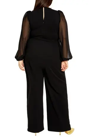 City Chic Belted Sheer Long Sleeve Jumpsuit - Black