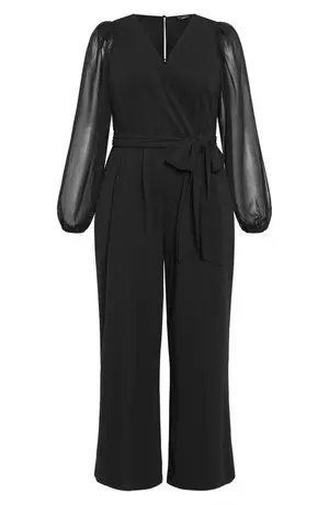 City Chic Belted Sheer Long Sleeve Jumpsuit - Black
