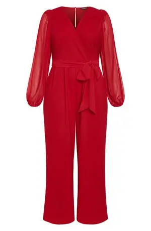 City Chic Belted Sheer Long Sleeve Jumpsuit