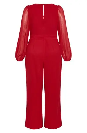 City Chic Belted Sheer Long Sleeve Jumpsuit