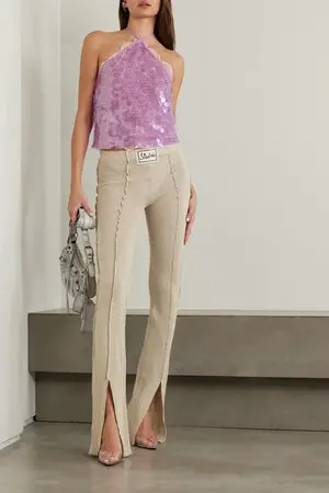 SIEDRES Appliquéd Flared Linen-blend Pants