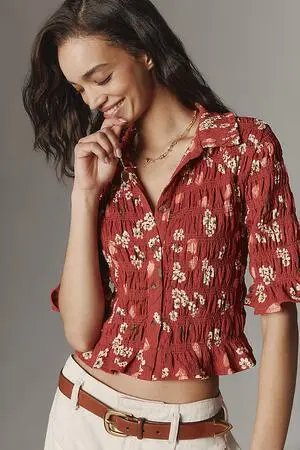 Maeve Smocked Button-Front Top Red Floral