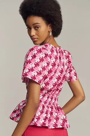 THE SOMERSET COLLECTION BY ANTHROPOLOGIE Printed Blouse With Smocked Waist - Medium Pink