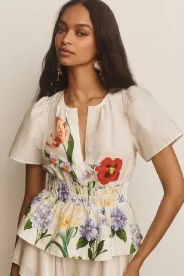 THE SOMERSET COLLECTION BY ANTHROPOLOGIE The Somerset Collection By Anthropologie Floral Smocked Waist Blouse Multicolor