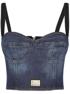 Dolce & Gabbana Logo Plaque Denim Crop Top - Blue