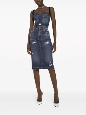 Dolce & Gabbana Logo Plaque Denim Crop Top - Blue