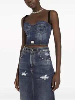 Dolce & Gabbana Logo Plaque Denim Crop Top - Blue
