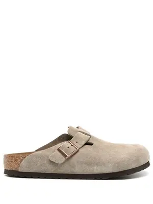 BIRKENSTOCK Boston Suede Buckle Slides - Neutrals