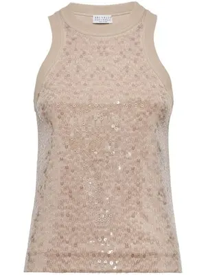 Brunello Cucinelli Sequined Cotton Tank Top - Neutrals