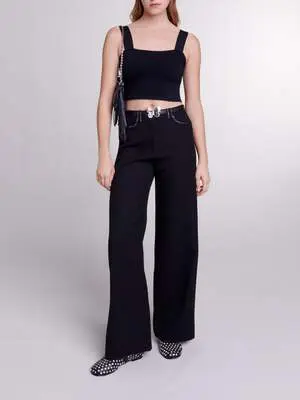 Maje Wide-leg Tweed Trousers With Chain Detail - Black