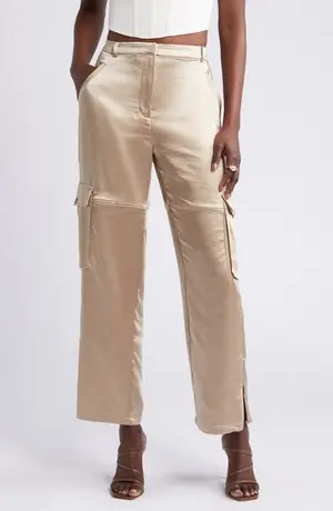 OPEN EDIT Satin Cargo Pants - Tan Oxford