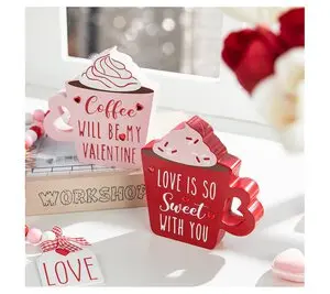 GLITZHOME S/2 Wooden Valentine's Coffee Cup Tab Le Decor - One-color