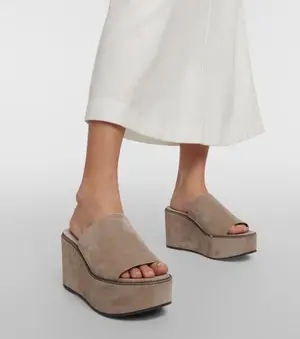 Brunello Cucinelli Suede Platform Slides - Beige